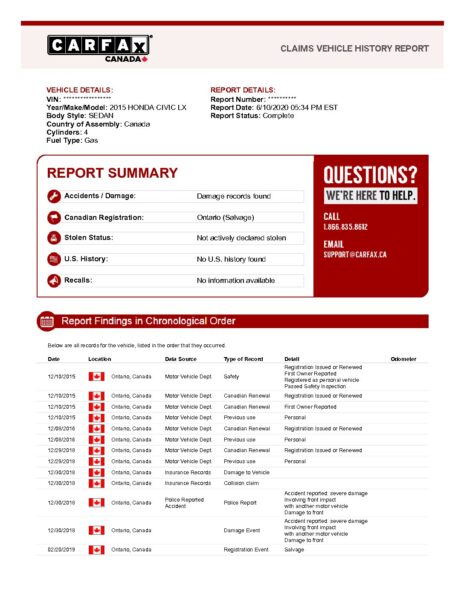 Sample Canadian Vehicle History Report – MSC Mckay